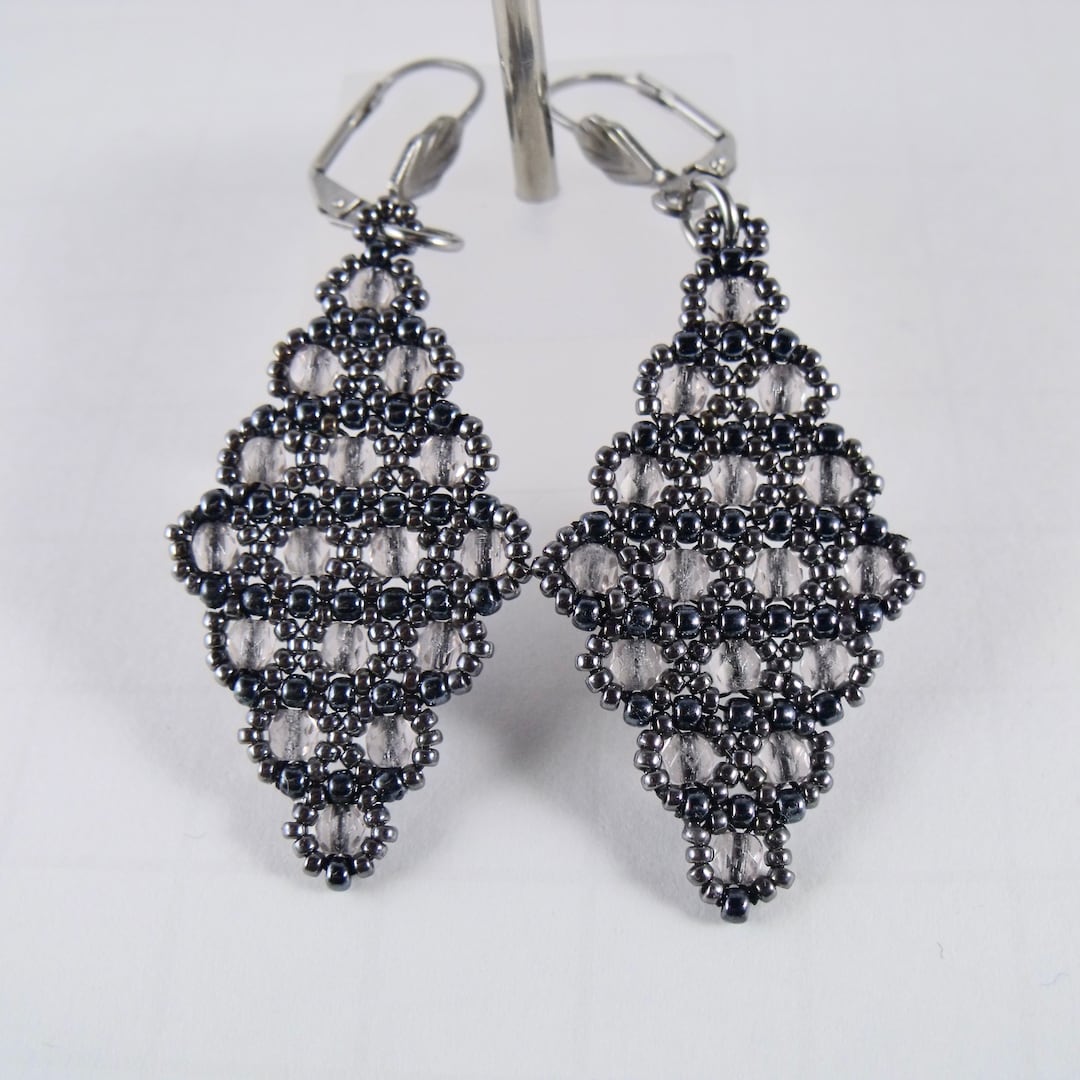 Muted Grey Beaded Triangle Shaped Earring Dangles, Geometric Woven ...