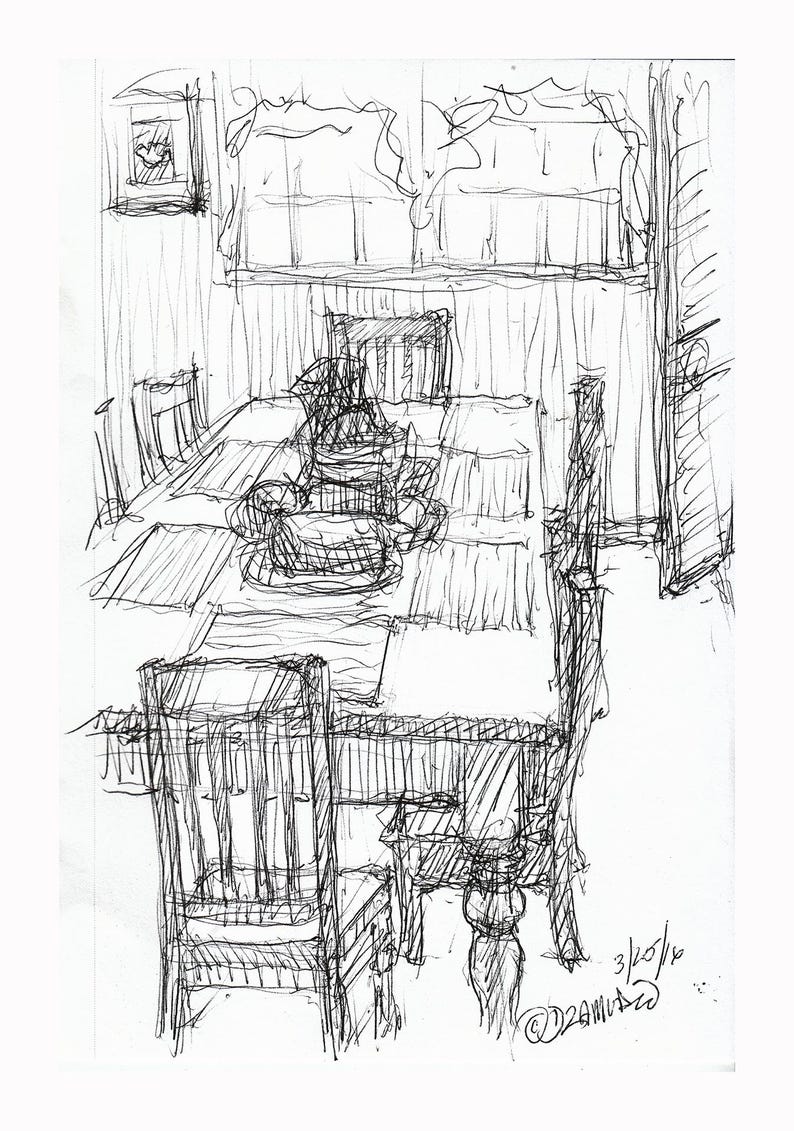 Dining Room Sketch: Rustic Table and Chairs Artwork - Etsy