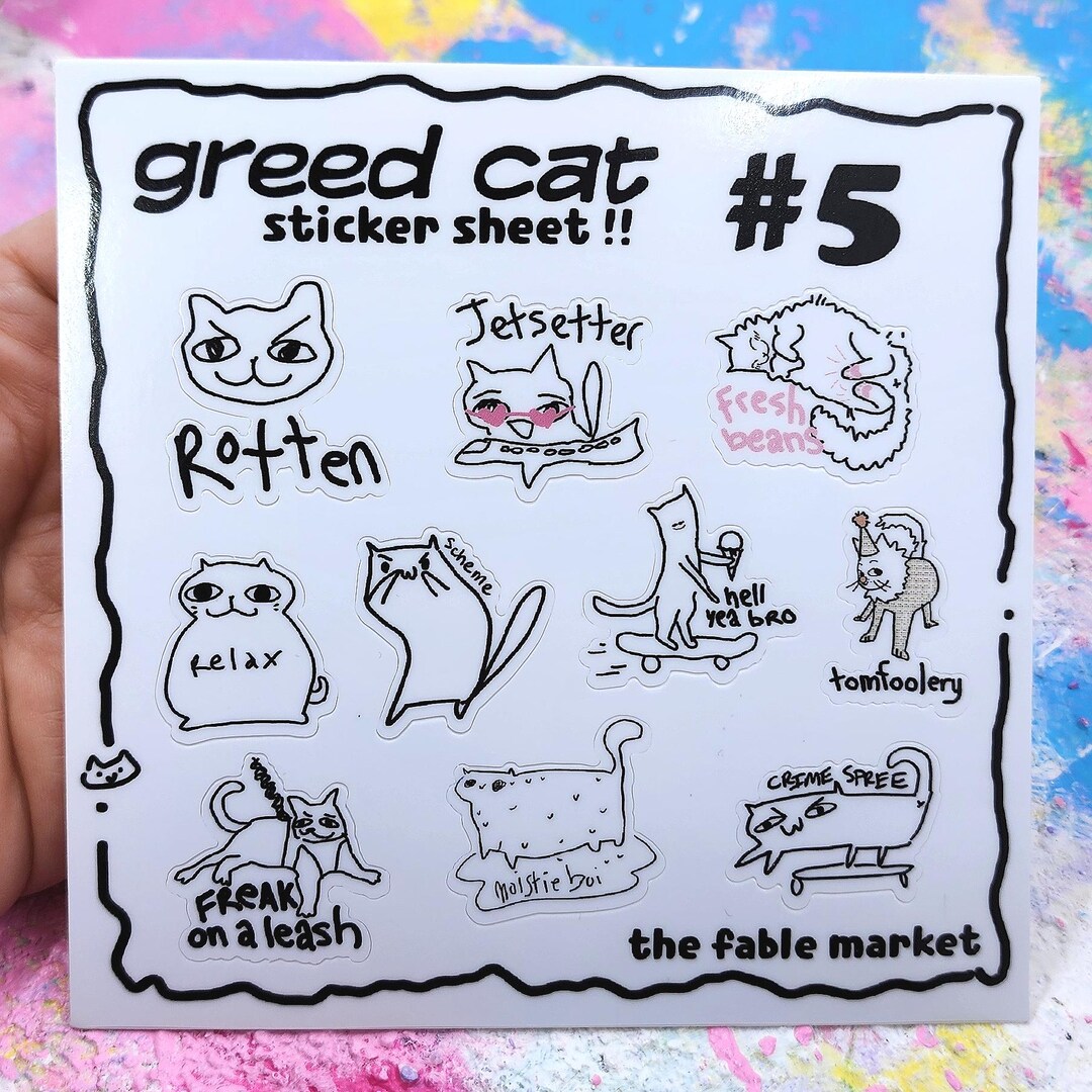 Greed Cat Sticker Sheet 5: Silly Cat Meme Stickers, Waterproof Vinyl - Etsy