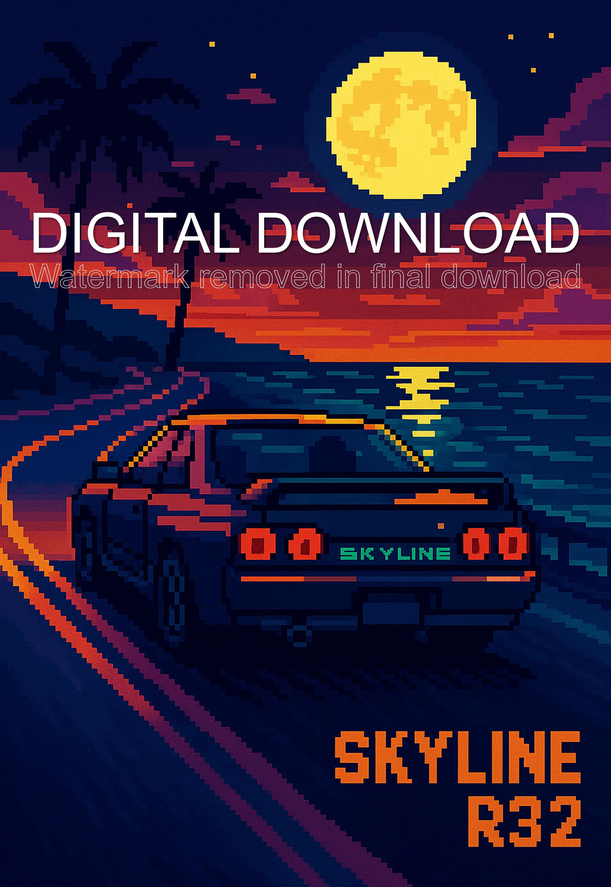 Skyline R32 Pixel Art Print: 8-bit Sunset Vaporwave (digital Download ...