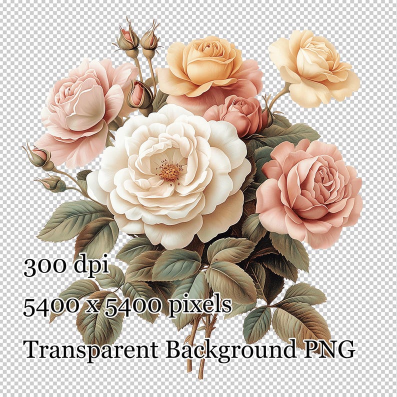Peach Cream Roses Clipart Bundle, Floral PNG for Invitations, Stickers ...