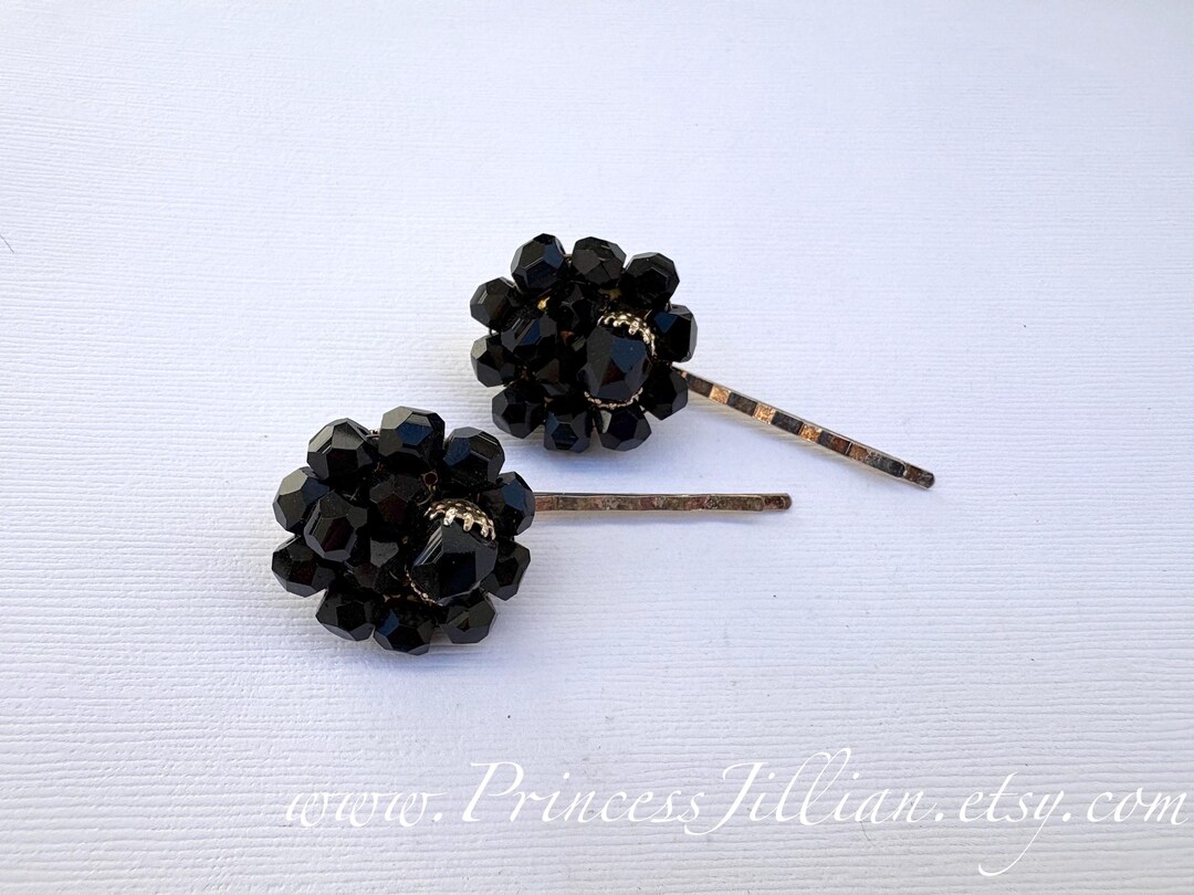 Vintage Earring Hair Pins - Sparkly Black Onyx Silver Metallic Faceted ...