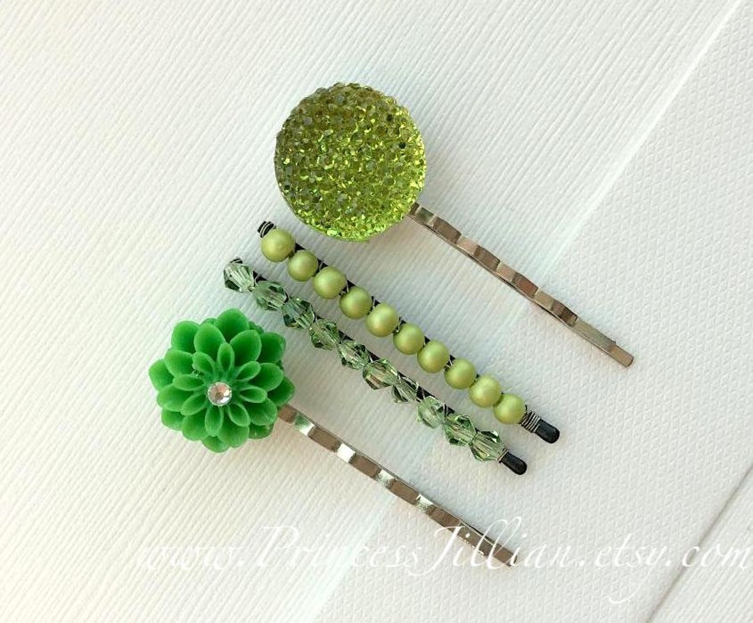 Mixed Media Hair Grip - Spring Green Apple Fern Kelly Beaded Sparkly ...