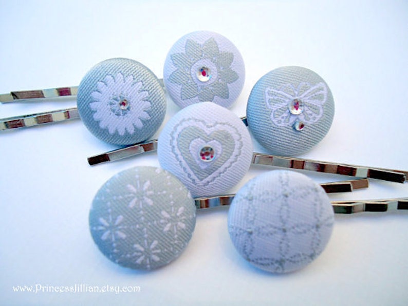 Bridal Fabric hair pins Silver white grey heart flower | Etsy