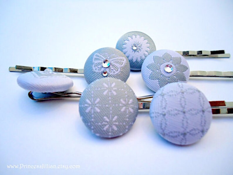 Bridal Fabric hair pins Silver white grey heart flower | Etsy