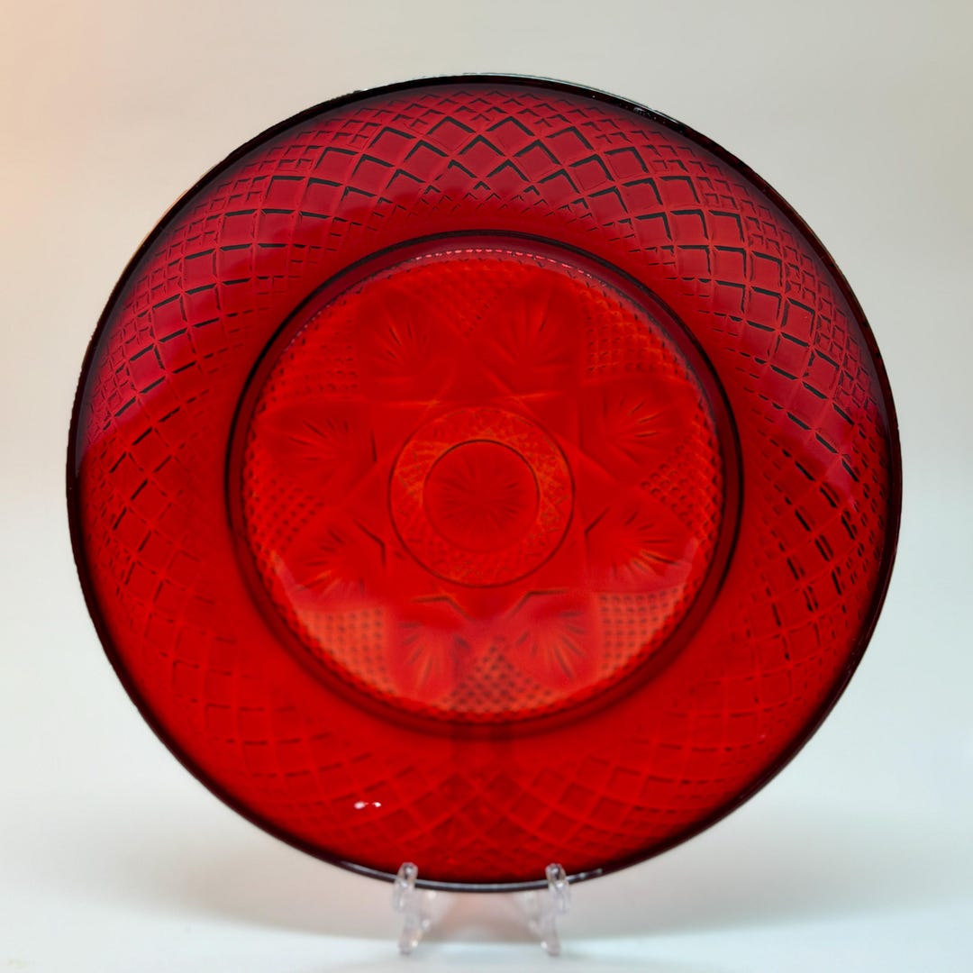 Vintage Ruby Red Glass Plates – Set of 4 – 8 Inch Pressed Glass With ...