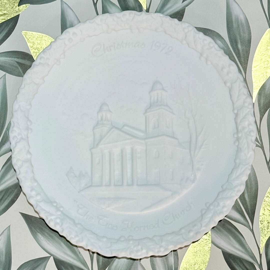 Fenton White Satin Glass Christmas Plate 1972 Old Henniker Church ...