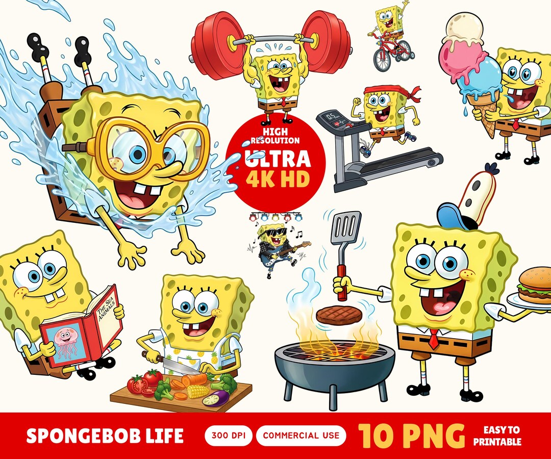 Spongebob Life PNG Bundle, Workout BBQ Cooking Reading Swimming Eating ...