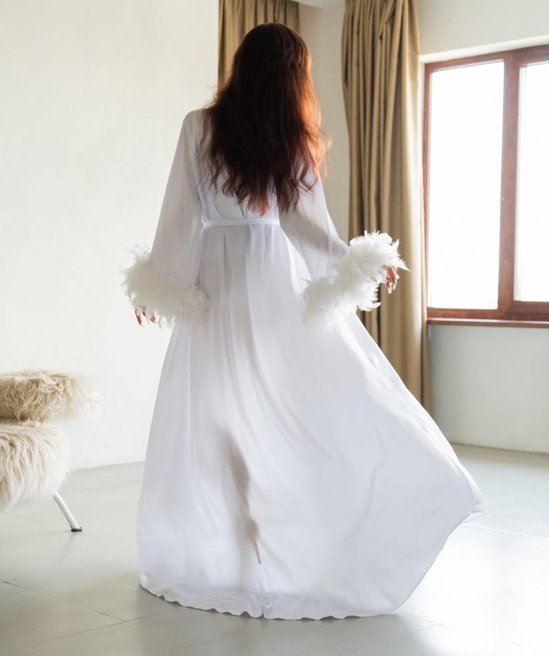 Long Silk Bridal Robe Set With Feather, Bridal Party Robe, Bride Robe ...