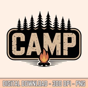 Rustic CAMP Sign With Campfire and Pine Trees, Vintage Outdoor Camping ...