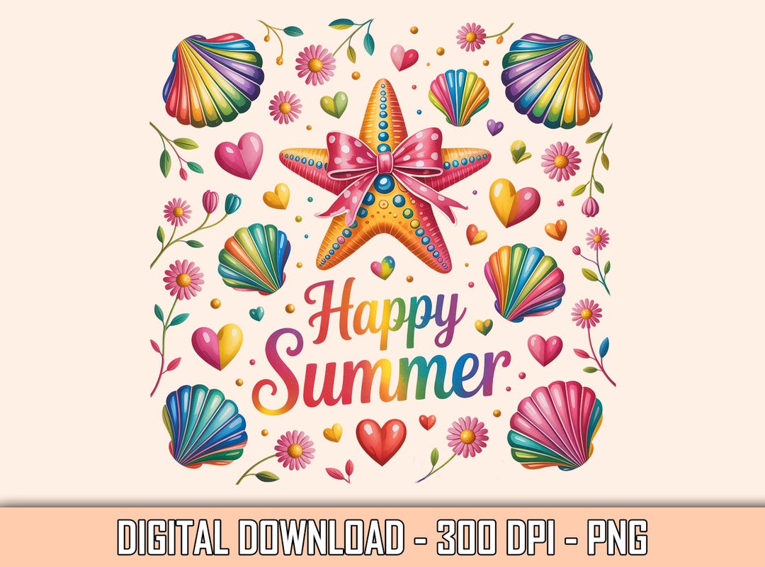 Rainbow Seashell and Starfish PNG With Bow, Cute Happy Summer Clipart ...