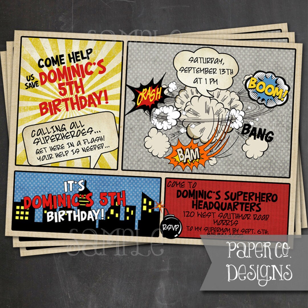 Superhero Comic Book Birthday Party Invite - PRINTABLE or PRINTED ...
