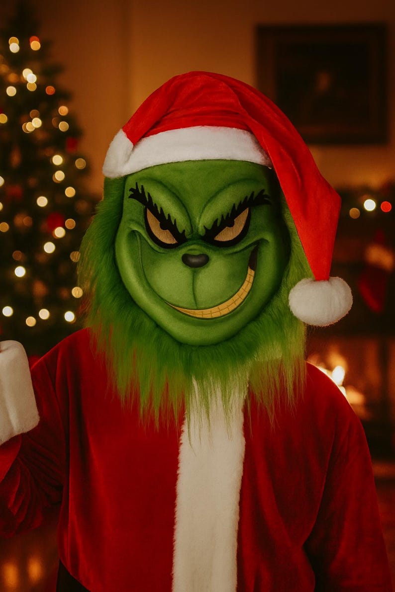 Grinch Christmas Mask & Gloves Set – Green Furry Gloves, Santa Hat Mask ...