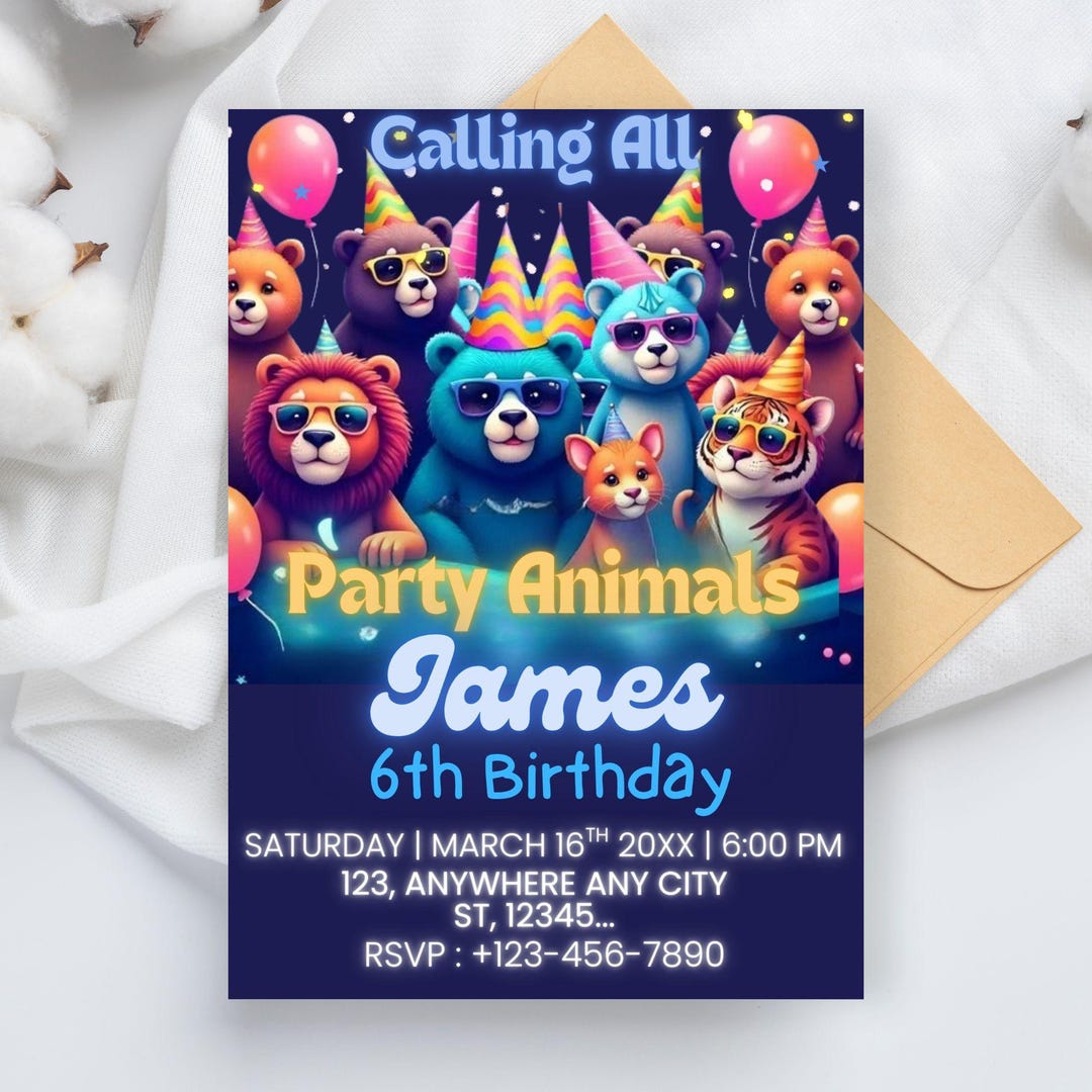 Editable Animals Birthday Invitation, Fun Animal Themed Party, Neon ...