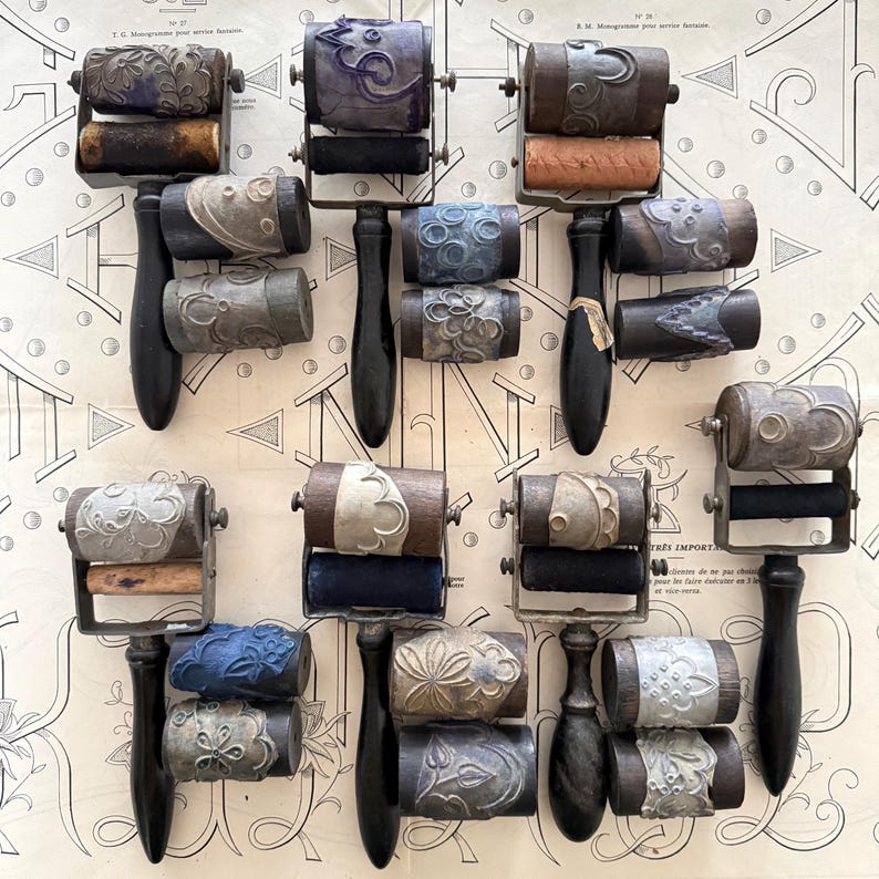 XL French Antique Embroidery Roller Stamp With Handle & 2 Extra Barrels ...