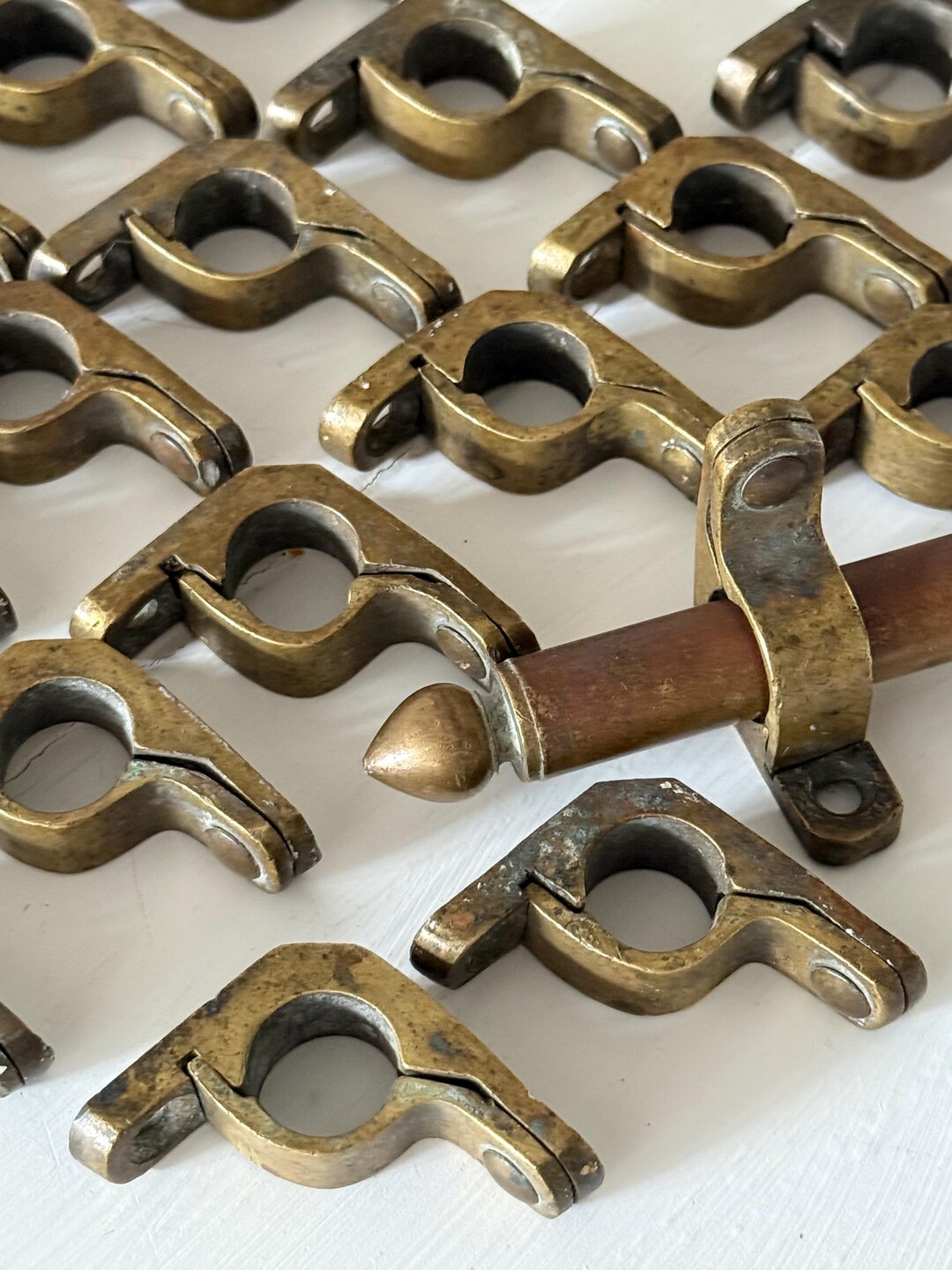 Pair French Antique Brass Rod / Stair Rod Brackets, Clips, Fixing Loops ...