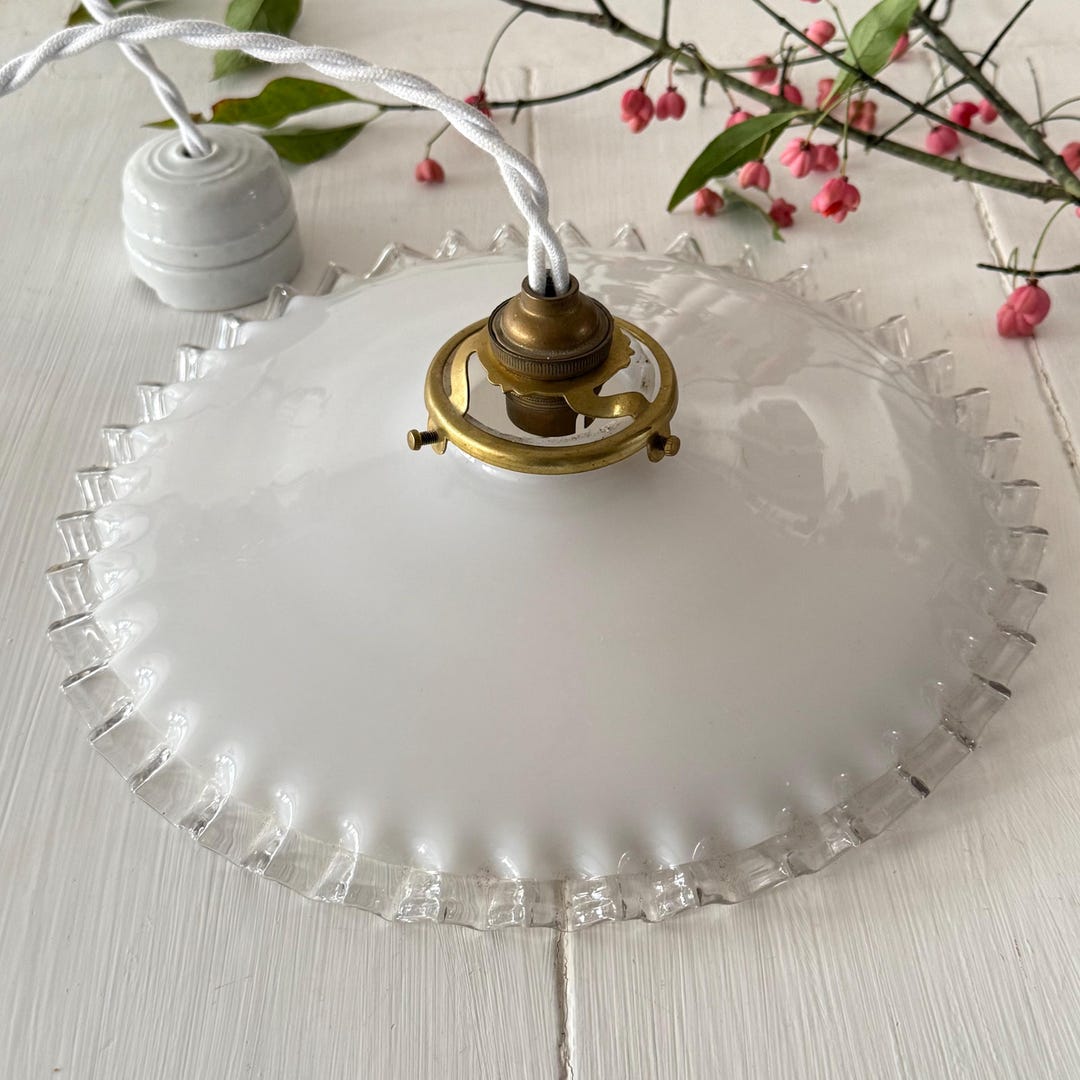 50's French Vintage Frilly Opaline Lamp Kit & Ceiling Rose - Etsy