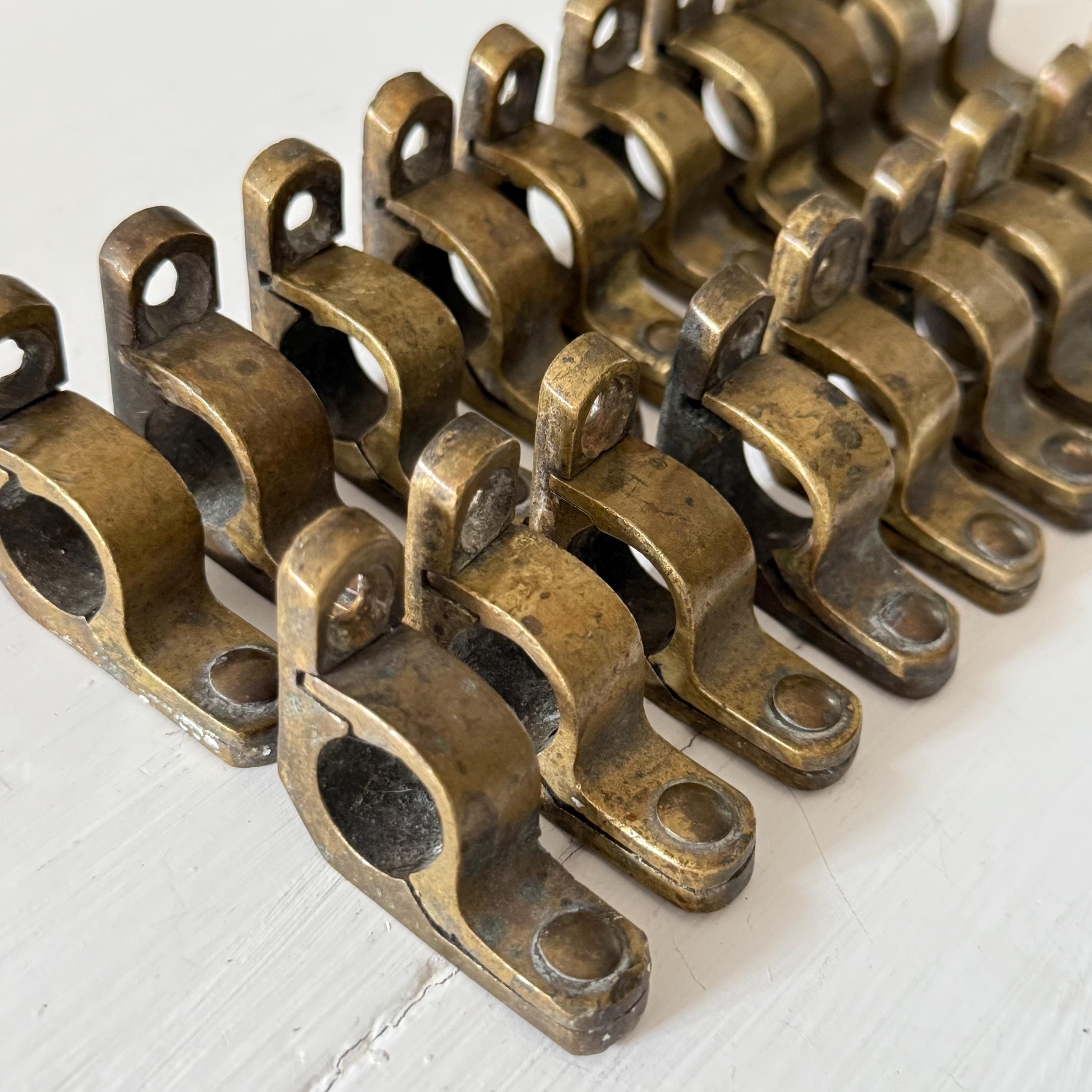 Pair French Antique Brass Rod / Stair Rod Brackets, Clips, Fixing Loops ...