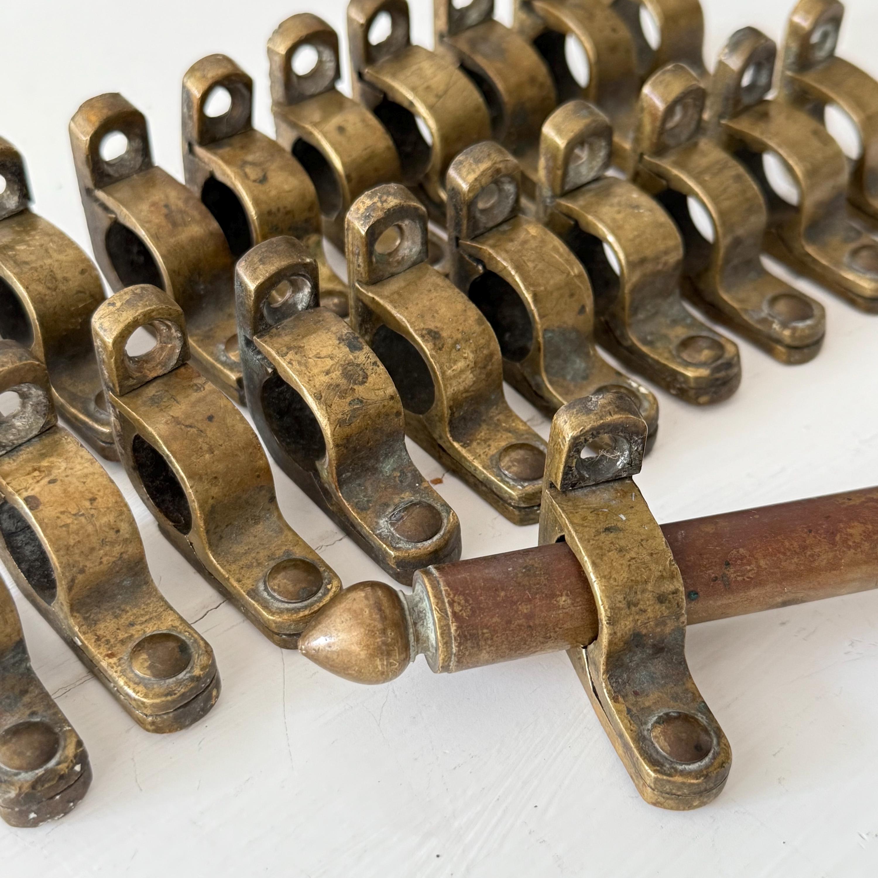 Pair French Antique Brass Rod / Stair Rod Brackets, Clips, Fixing Loops ...