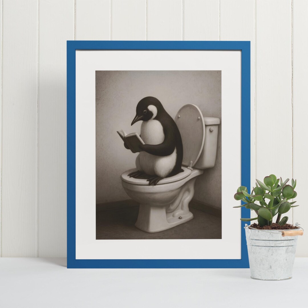 Retro Penguin on Toilet Wall Art, Humorous Bathroom Print, Vintage ...