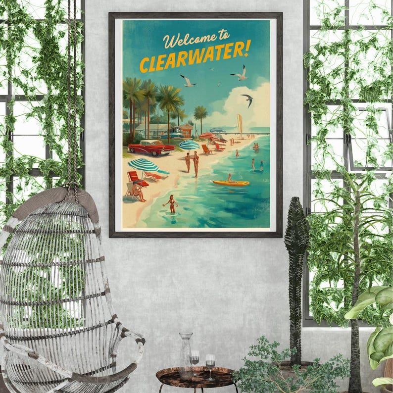 Clearwater Poster Florida Poster Clearwater Retro Print Miami Wall Art ...