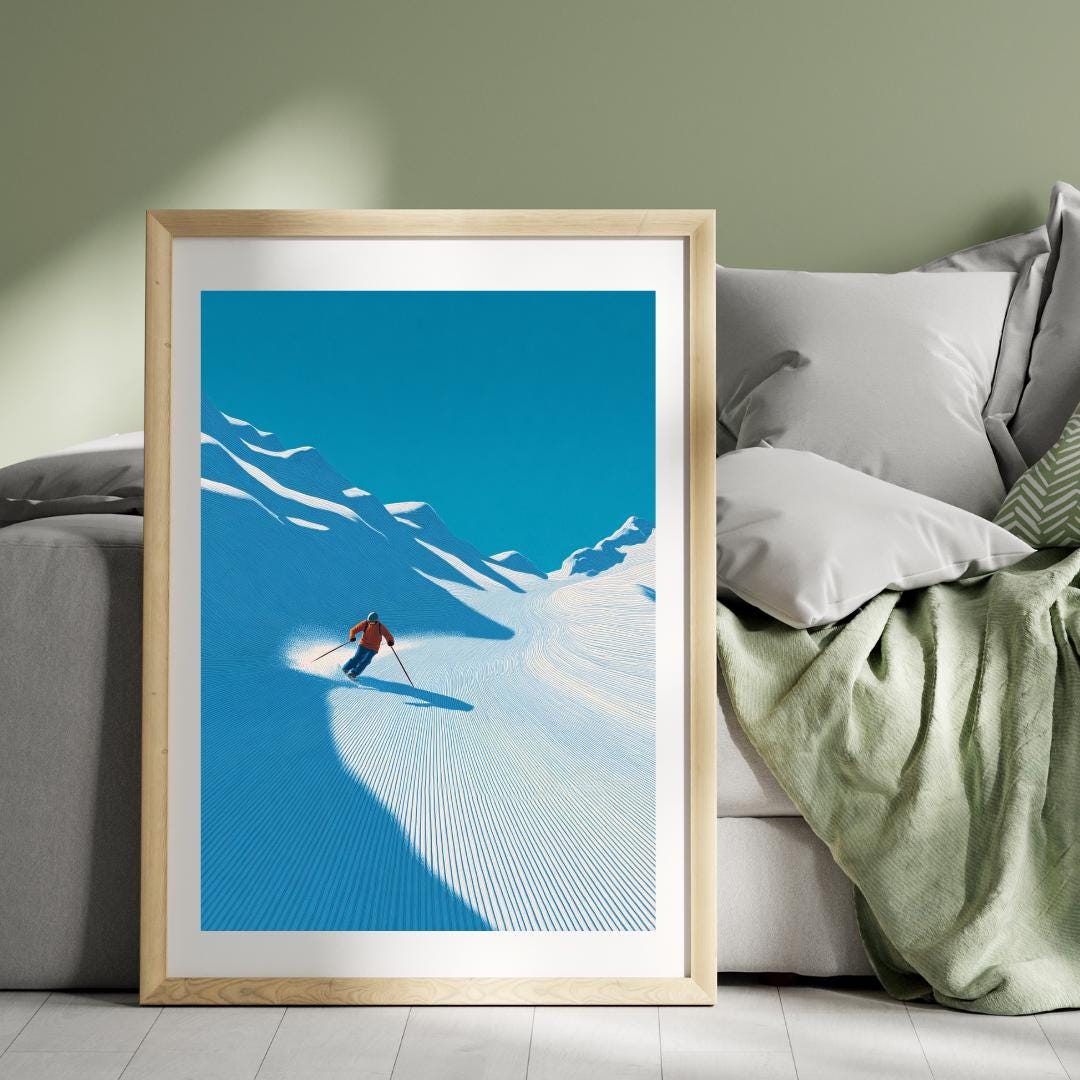 Ski Poster, Bluebird, French Alps Ski Resort Wall Art, Rocky Mountains ...