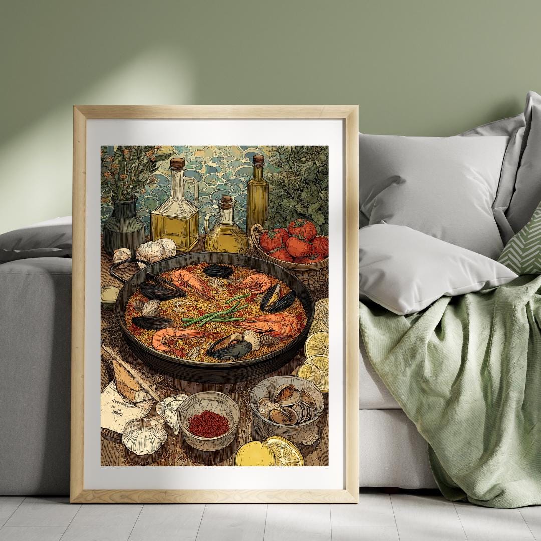 Paella Poster – Spanish Seafood Rice Kitchen Wall Art, Traditional ...