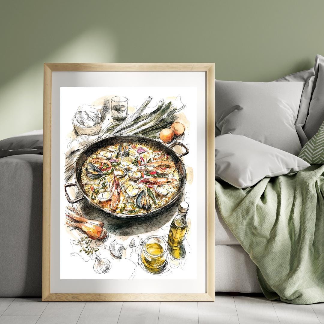 Paella Poster – Spanish Seafood Rice Kitchen Wall Art, Traditional ...
