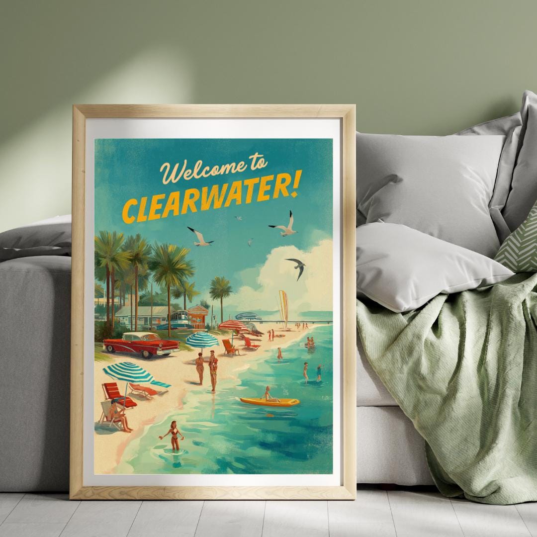 Clearwater Poster Florida Poster Clearwater Retro Print Miami Wall Art ...