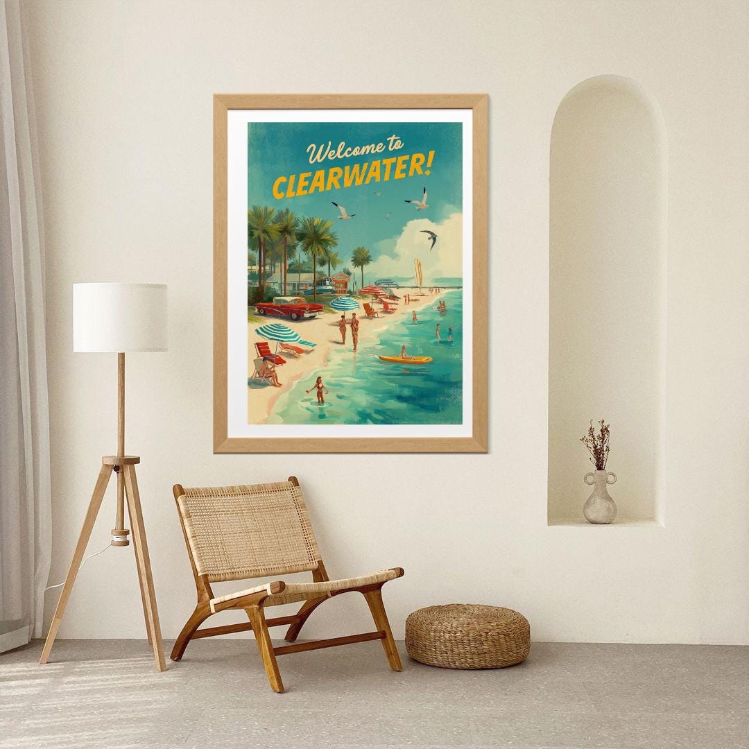 Clearwater Poster Florida Poster Clearwater Retro Print Miami Wall Art ...