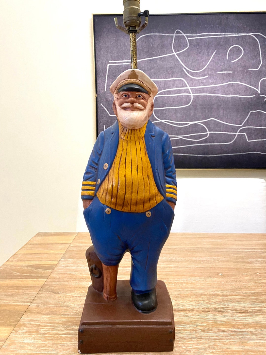 Vtg Large Blue Eyed Peg Leg Sailor Distressed New England Style Lamp ...