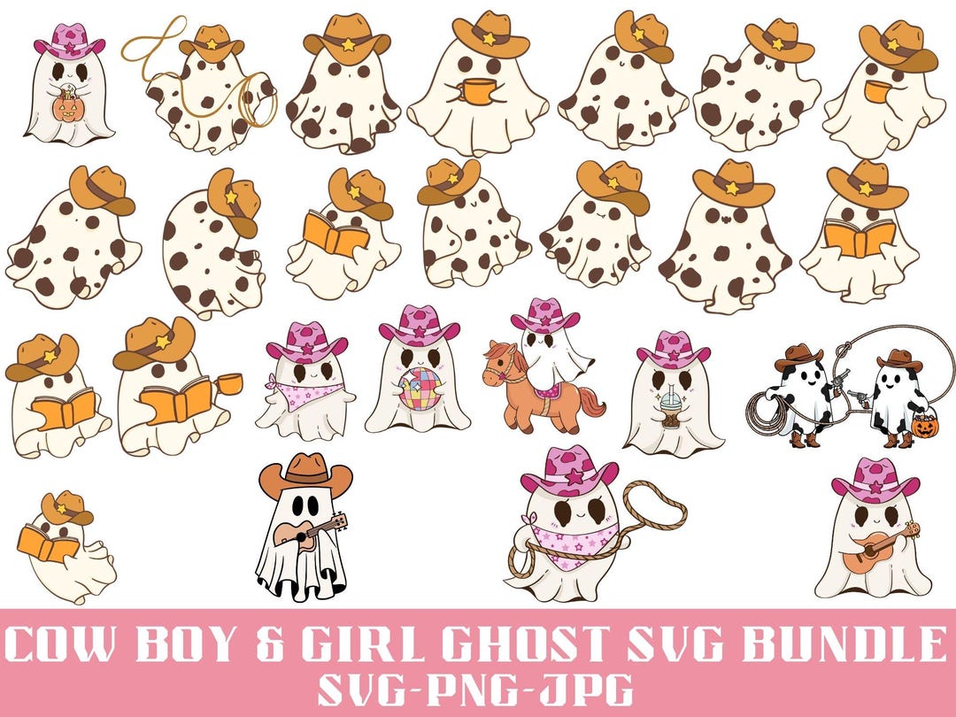 Cowboy Ghost Clipart Set: Western Halloween, Pumpkin, Cactus (SVG, PNG ...