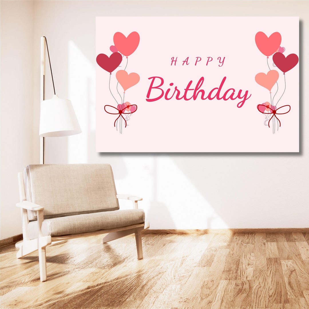 Pink Birthday Card Digital Backdrop: Heart Balloons, Ribbon Accents ...