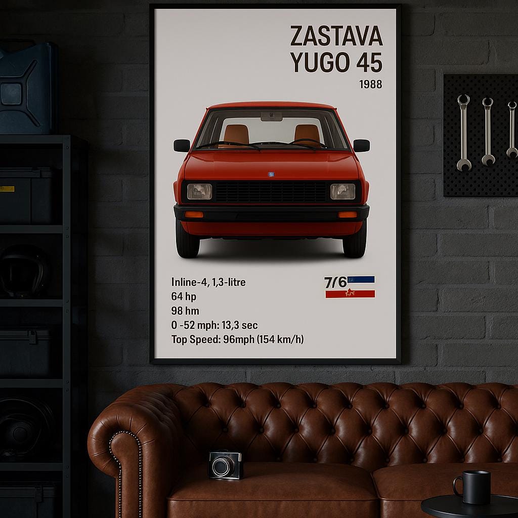 Retro Yugo Car Print: 1988 Yugoslav Hatchback Illustration (A2 Digital ...