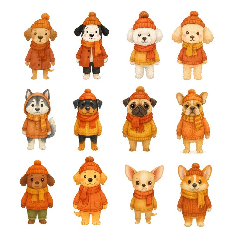 Watercolor Autumn Dog Clipart: Fall Outfit PNG, Commercial Use - Etsy