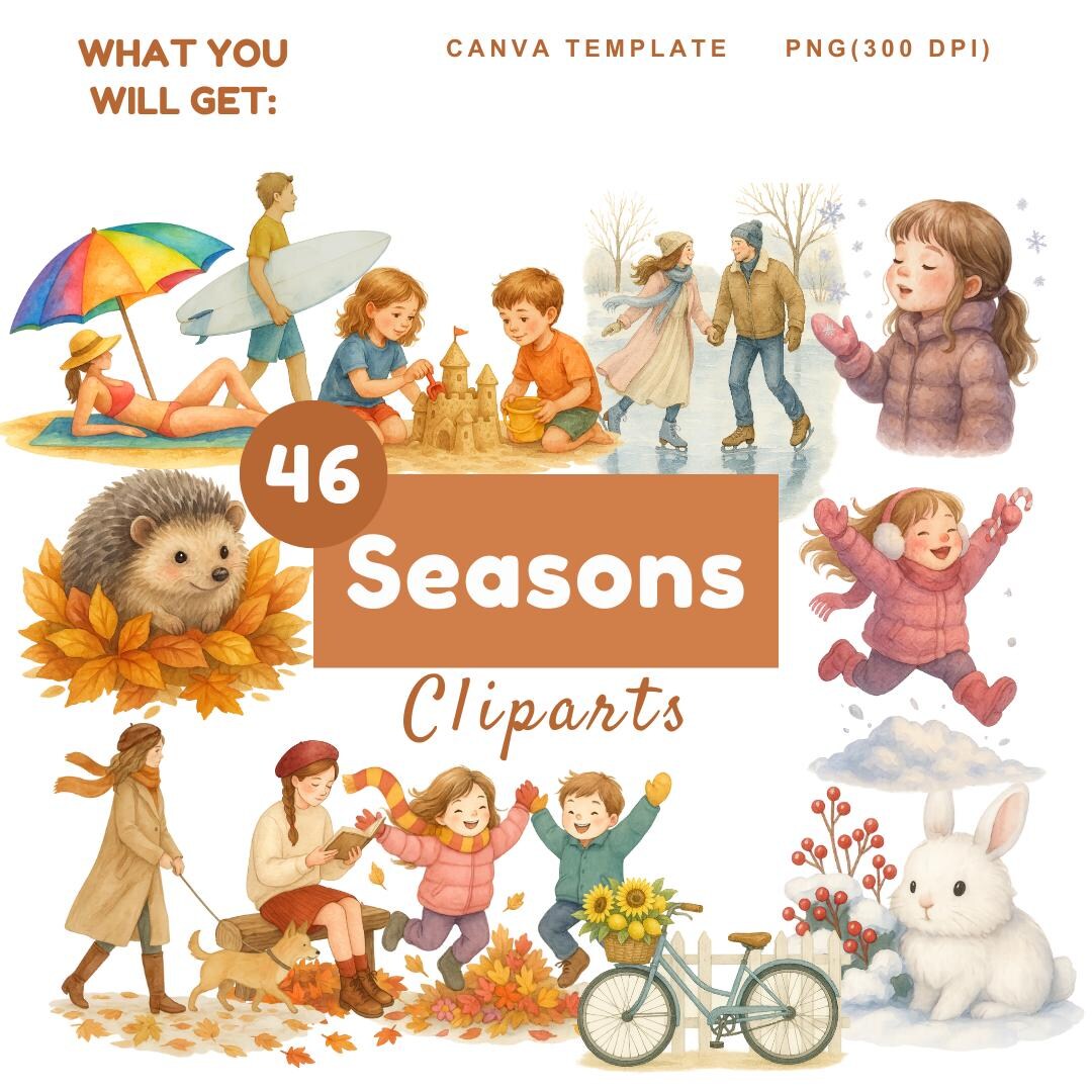 Watercolor Four Seasons Clipart Bundle: Seasonal Graphics (PNG, Canva ...