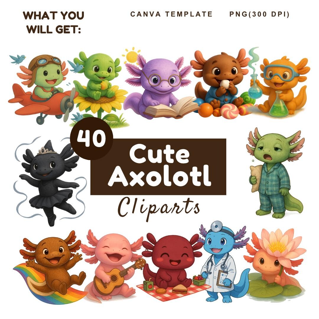 Axolotl Clipart Bundle, Cute Axolotl, Realistic Axolotl, Axolotl ...