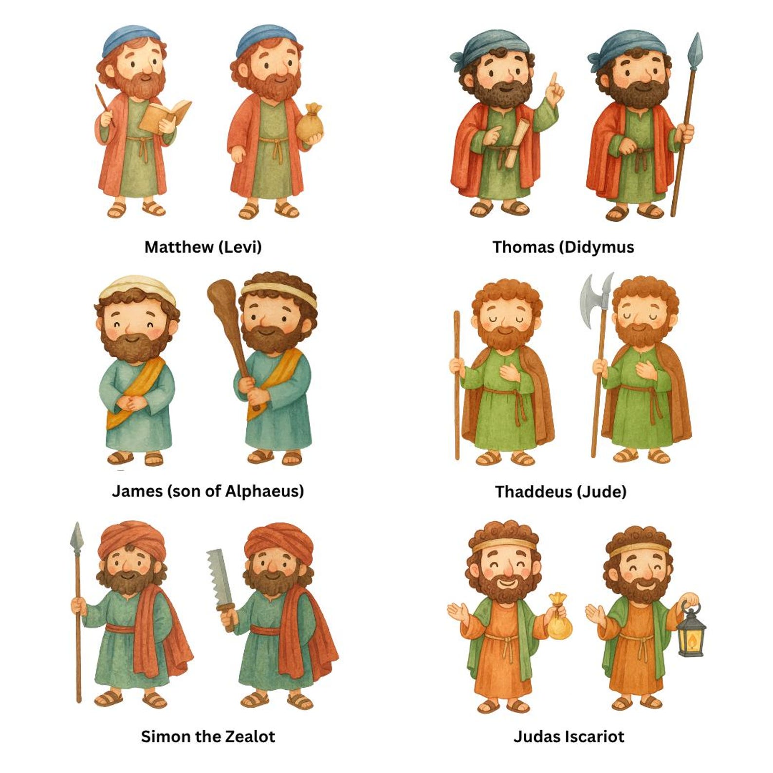 12 Apostles Clipart: Cartoon Christian Bible Characters (PNG Download ...