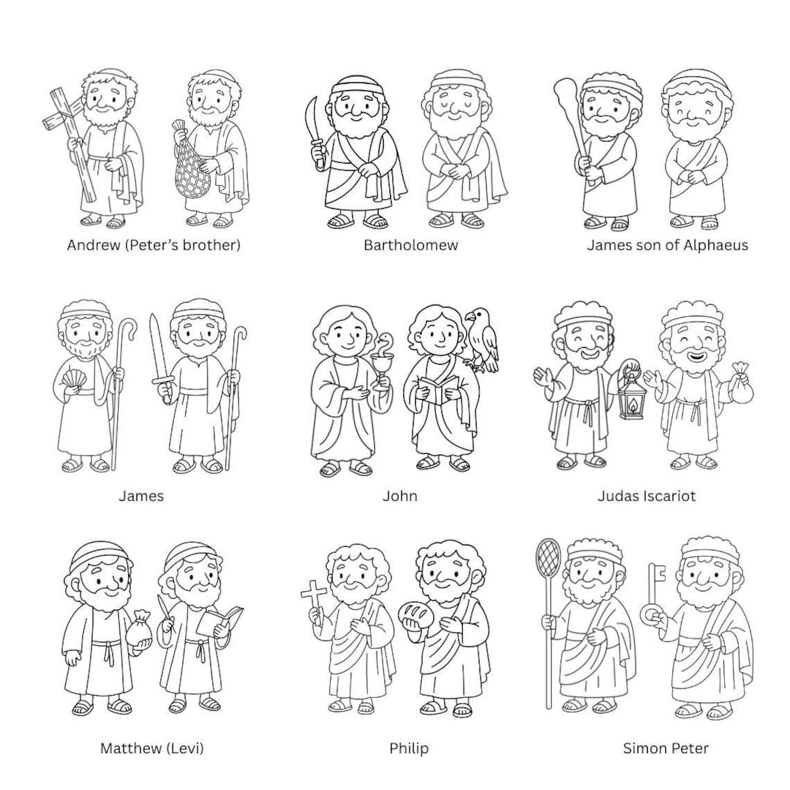 12 Apostles Drawing for Coloring Page Book: Cartoon Christian Bible ...