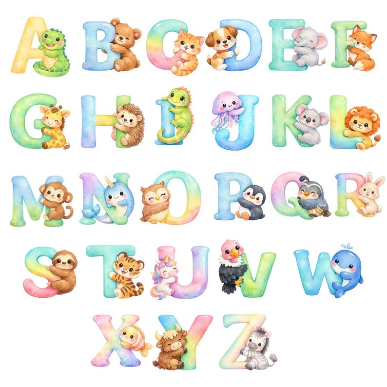 Woodland Animal Alphabet Clipart PNG – Watercolor ABC Letters, Nursery ...