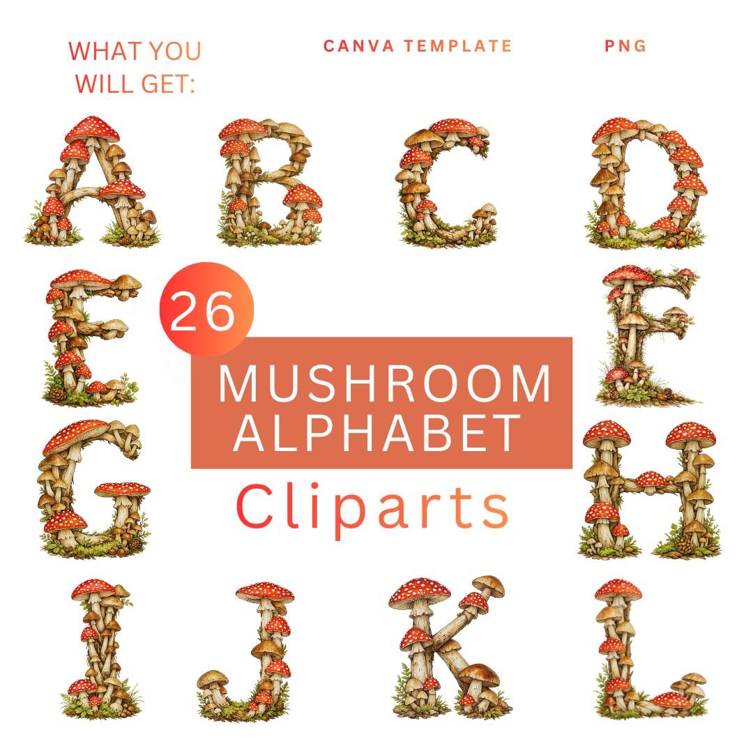 Mushroom Alphabet Clipart PNG – Floral Woodland ABC Letters, Mushrooms ...