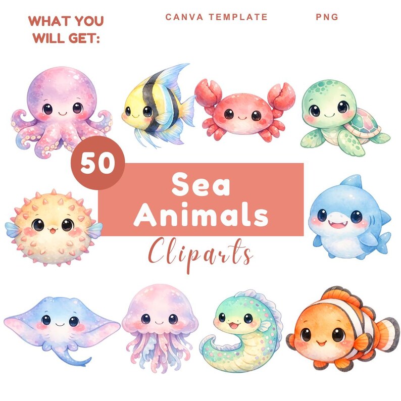 Cute Sea Animals Clipart Bundle PNG | Watercolor Ocean Animals | Under ...