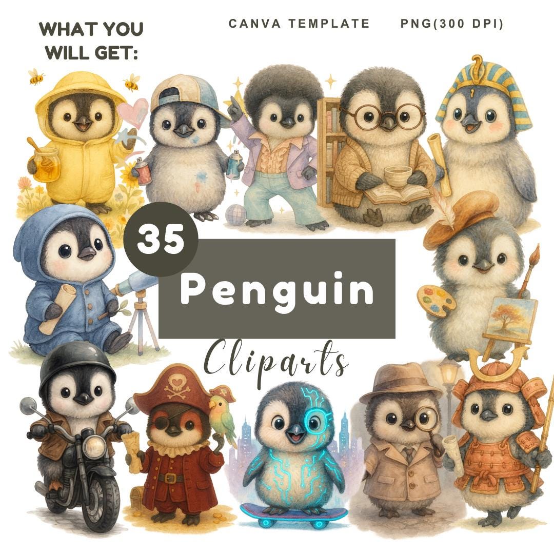 Penguin Clipart, Cute Penguin Clipart, Watercolor Penguin Clipart ...