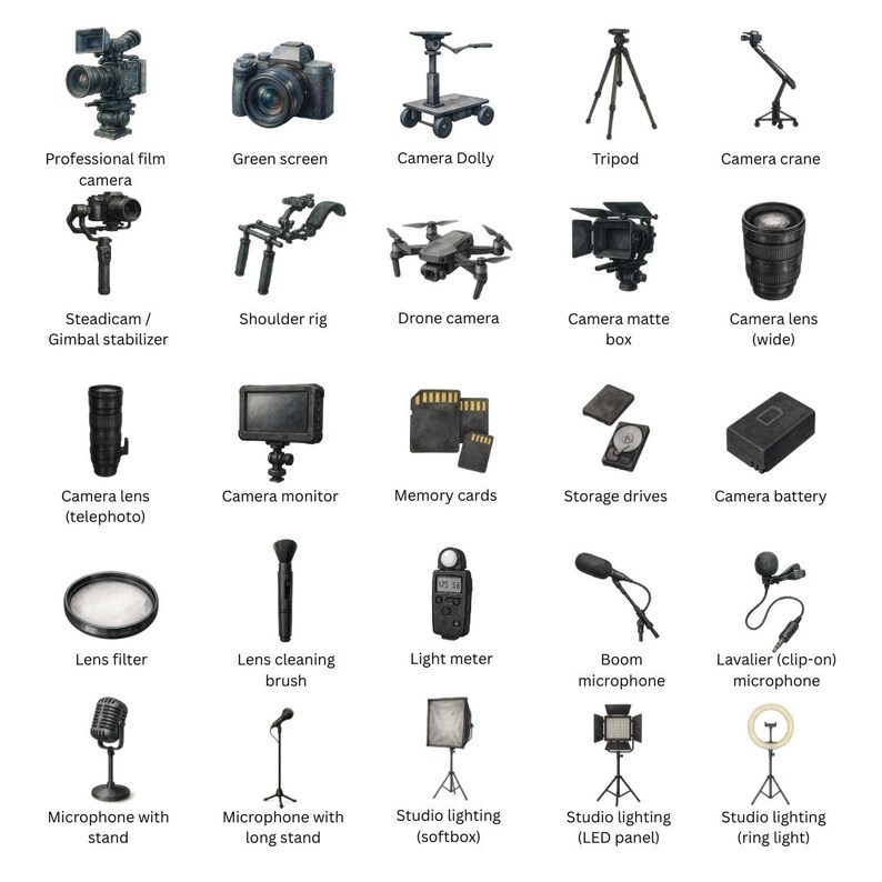 Film Production Clipart Set: Cameras, Projectors, Clapperboards (PNG ...