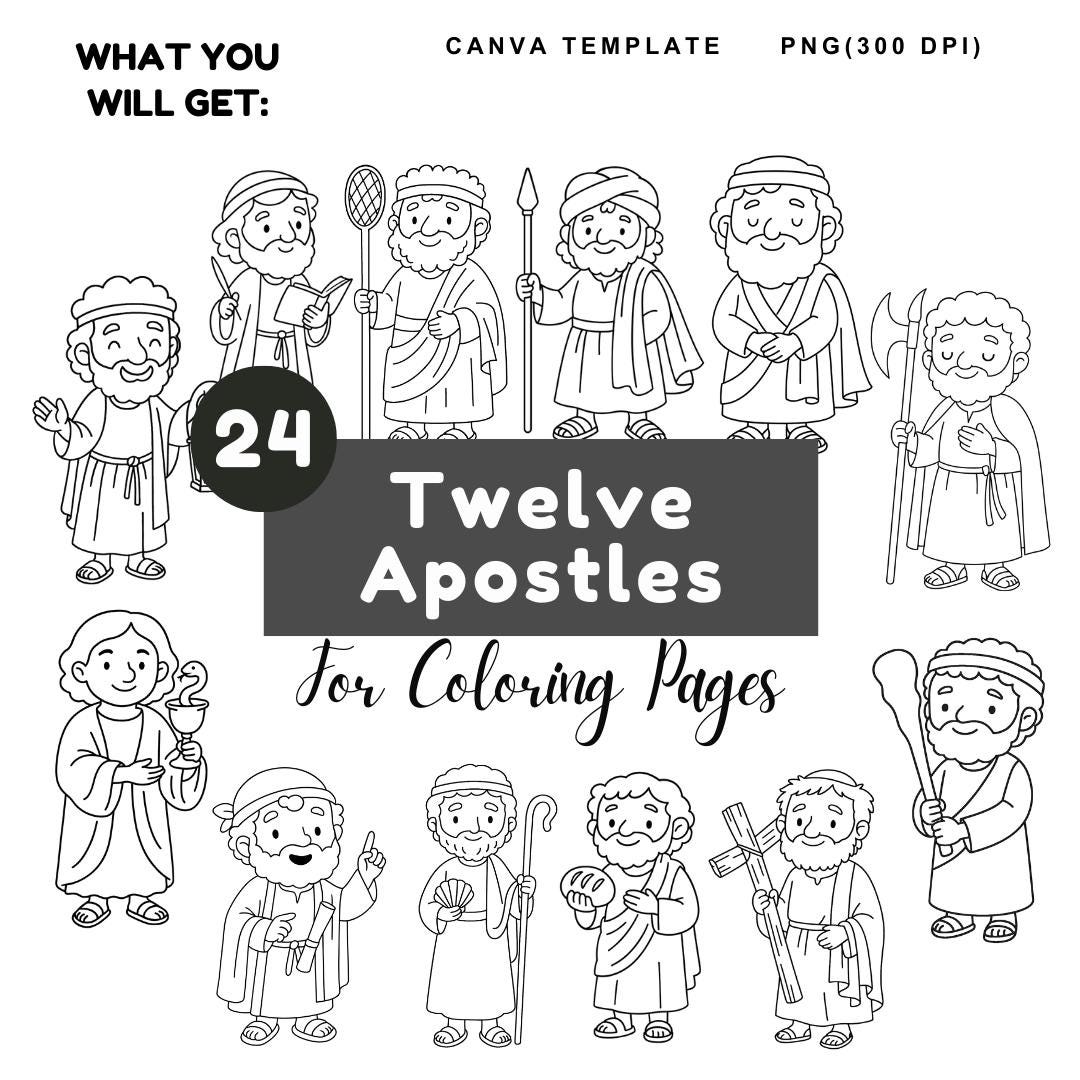 12 Apostles Drawing for Coloring Page Book: Cartoon Christian Bible ...