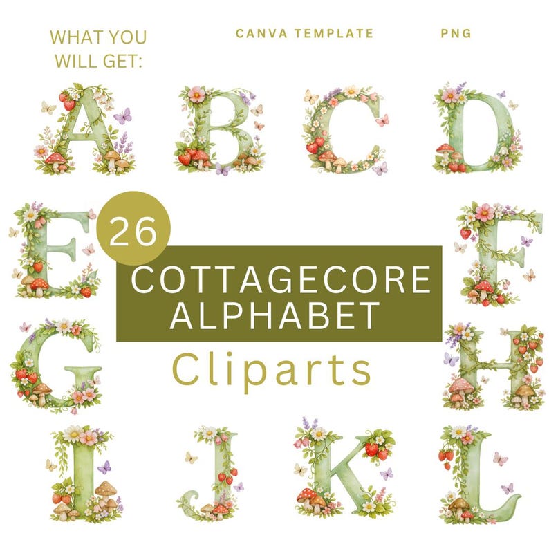 Cottagecore Alphabet Clipart PNG – Floral Woodland ABC Letters ...