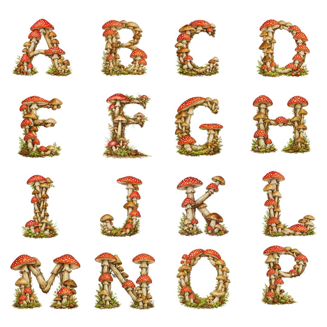 Mushroom Alphabet Clipart PNG – Floral Woodland ABC Letters, Mushrooms ...