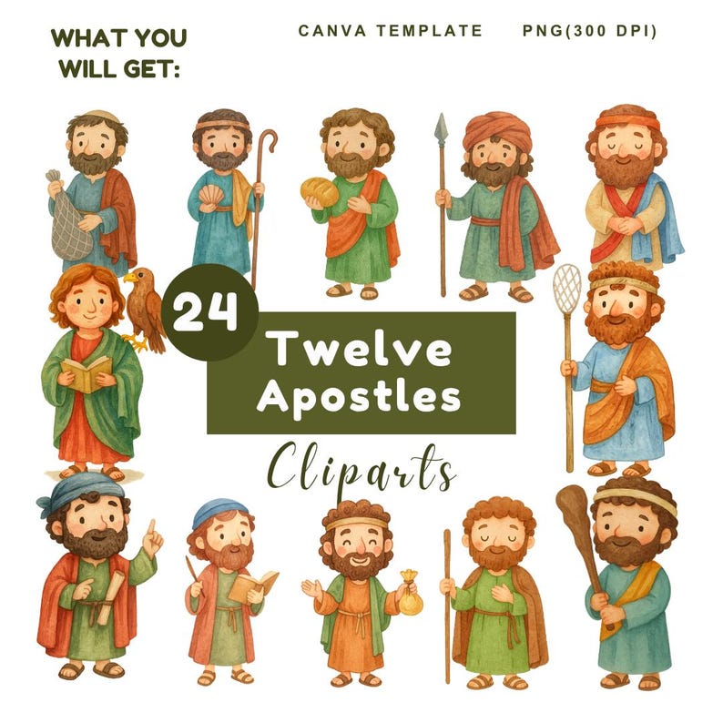 12 Apostles Clipart: Cartoon Christian Bible Characters (PNG Download ...