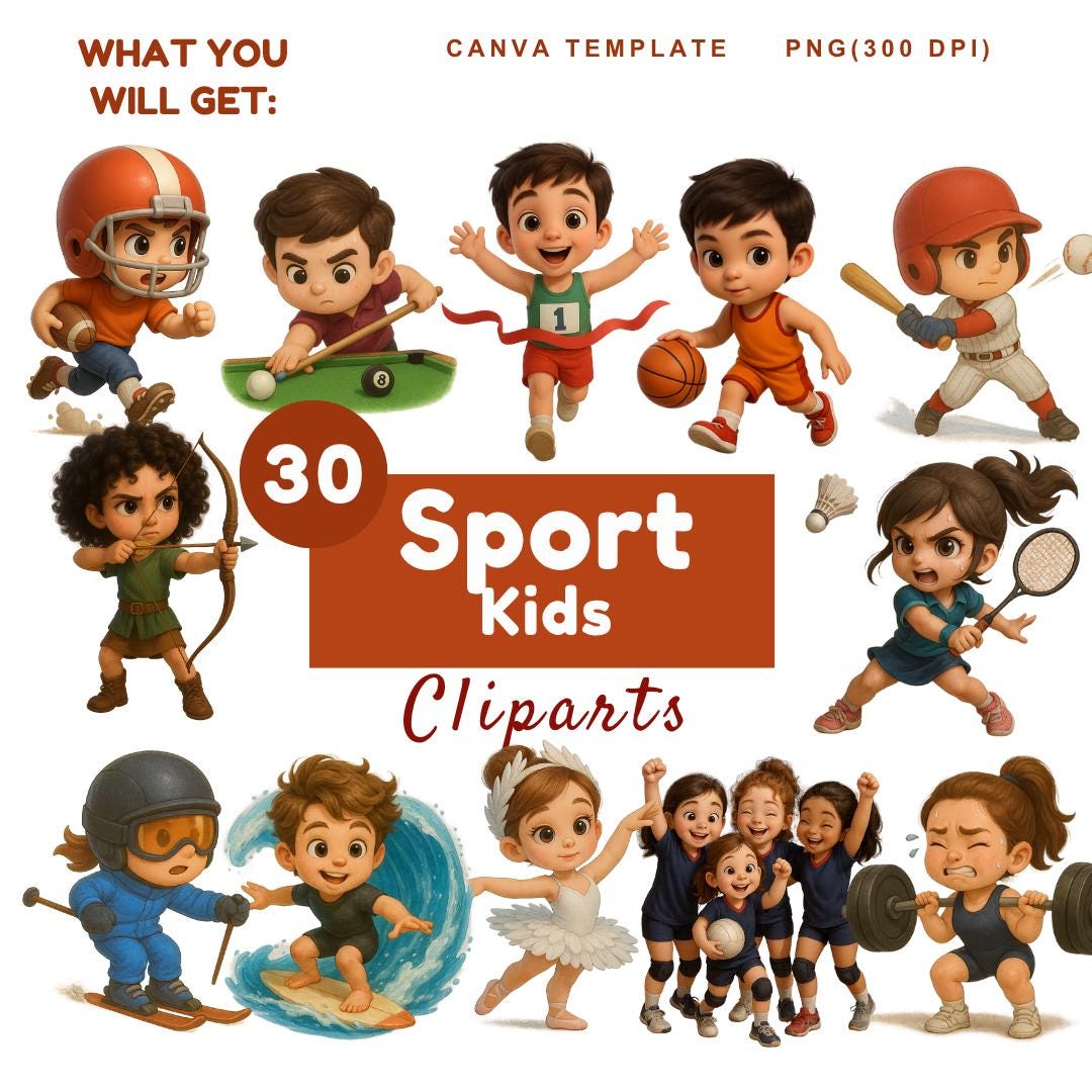 Kids Sports Clipart Bundle, Chibi 3d Realistic Sports for Kids, Cute ...