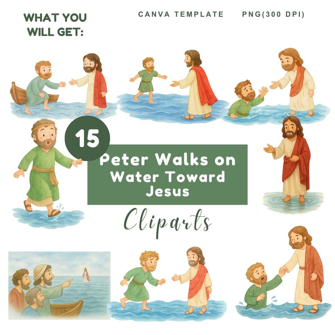 Peter Walks on Water Toward Jesus Clipart: Bible Story Watercolor ...